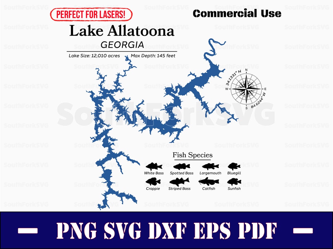 Lake Allatoona Georgia Map Data, Fish Species | Laser Ready CNC Print ...