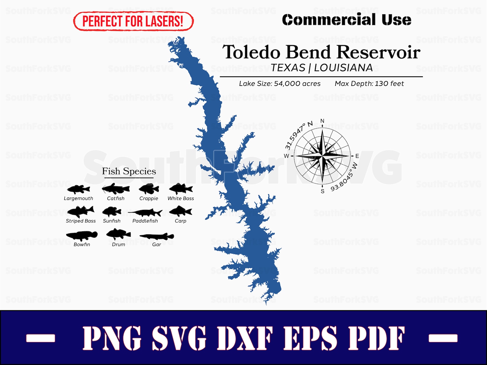 Toledo Bend Reservoir TX LA Map Data, Fish Species | Laser Ready CNC ...