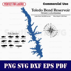 Toledo Bend Reservoir TX LA Map Data, Fish Species | Laser Ready CNC ...