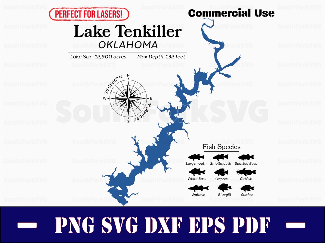 Lake Tenkiller Oklahoma Map Data, Fish Species | Laser Ready CNC Print ...