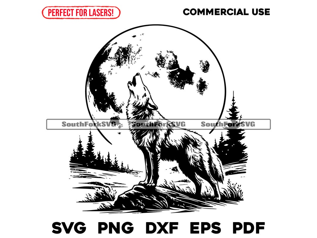 Laser Engrave Files Wolf Howling at the Moon Svg Png Dxf Eps Pdf ...