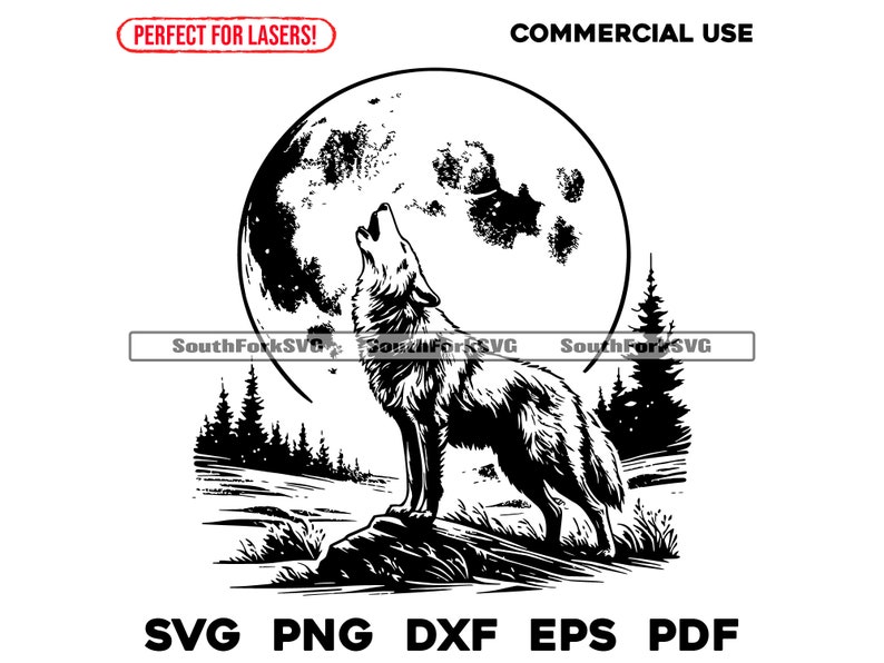 Laser Engrave Files Wolf Howling at the Moon Svg Png Dxf Eps Pdf ...