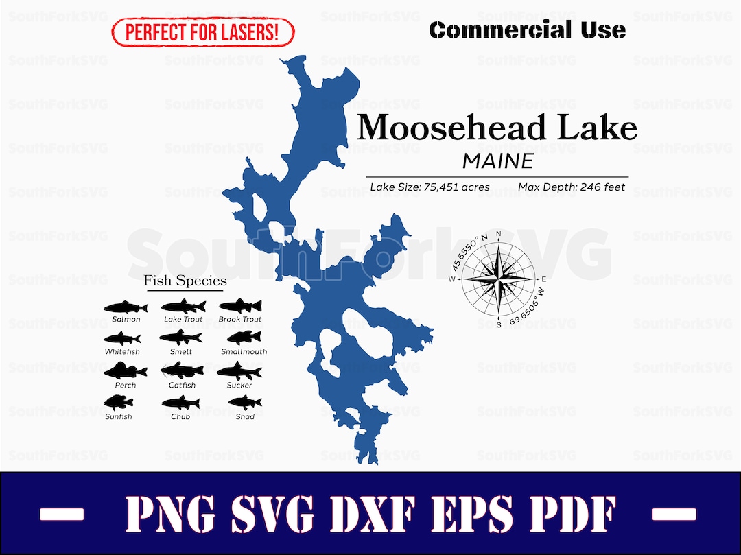 Moosehead Lake Maine Map Data, Fish Species | Laser Ready CNC Print Dye ...