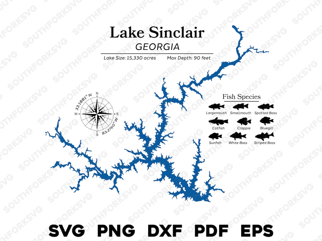 Lake Sinclair Georgia Map Data, Fish Species | Laser Ready CNC Print ...