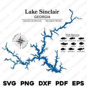 Lake Sinclair Georgia Map Data, Fish Species | Laser Ready CNC Print ...