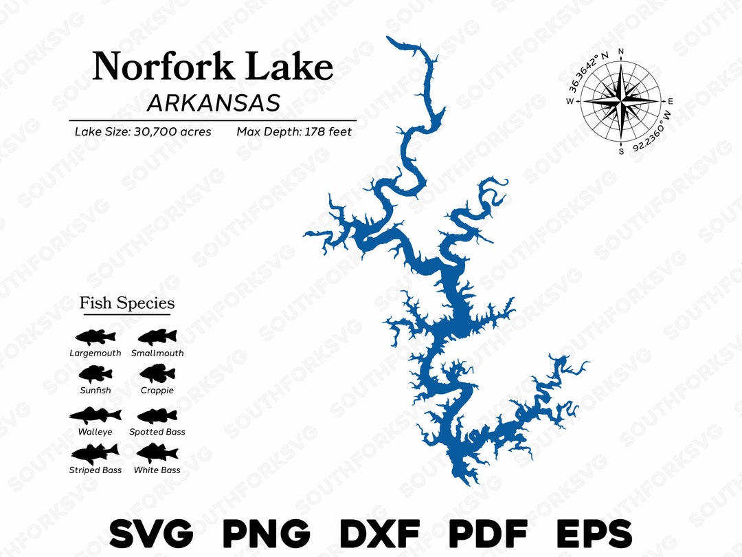 Norfork Lake Arkansas Map Data Fish Species | Laser Ready CNC Print Dye ...