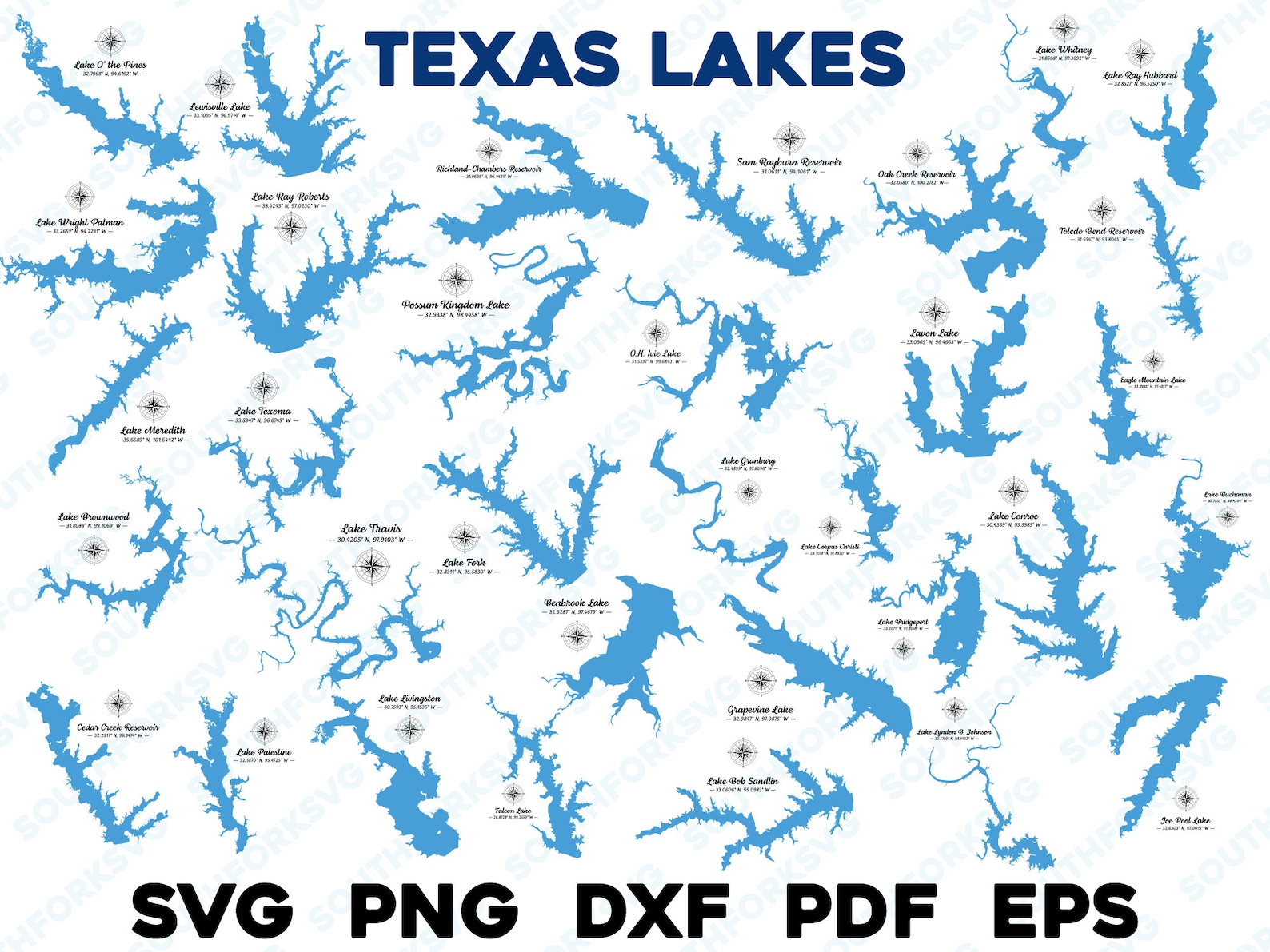 33 Texas Lakes Map Mega Bundle With Compass & GPS Coordinates | Svg Png ...