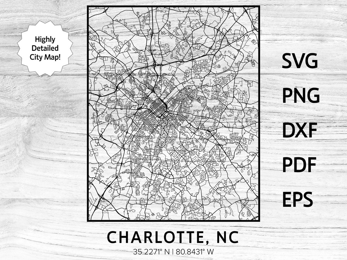Charlotte NC City Street Road Map | Svg Png Dxf Pdf Eps | Vector ...