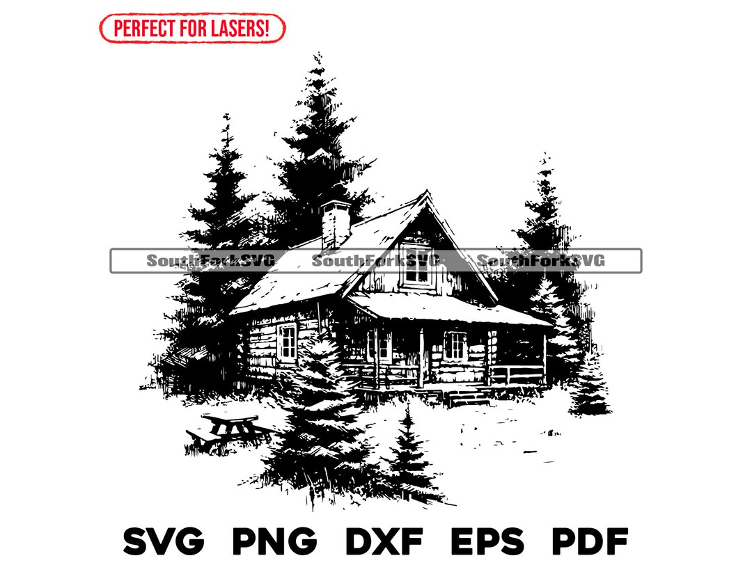Laser Engrave File Rustic Cabin Svg Png Dxf Eps Pdf Cottage Scene for ...