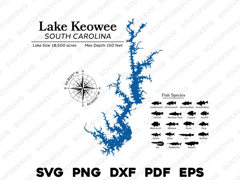 Lake Keowee South Carolina Map Data, Fish Species | Laser Ready CNC ...