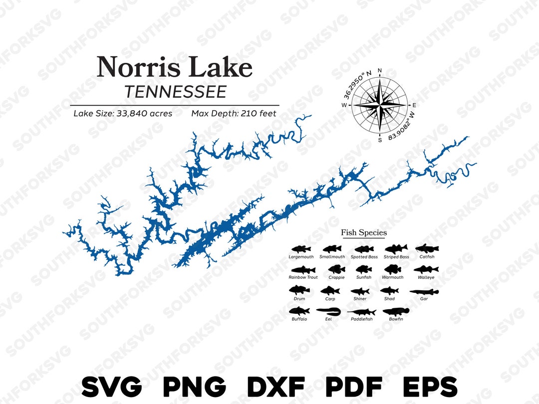 Norris Lake Tennessee Map Data Fish Species, Laser Ready CNC Print Dye ...