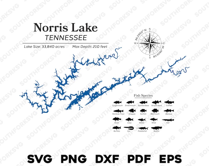 Detailed Norris Lake Map SVG Cut File PNG DXF Cricut Summer Vector ...