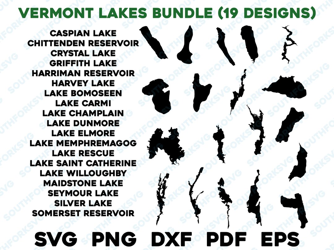 19 Vermont Lake Mega Bundle Map Shape Silhouette Svg Png Dxf Pdf Eps ...
