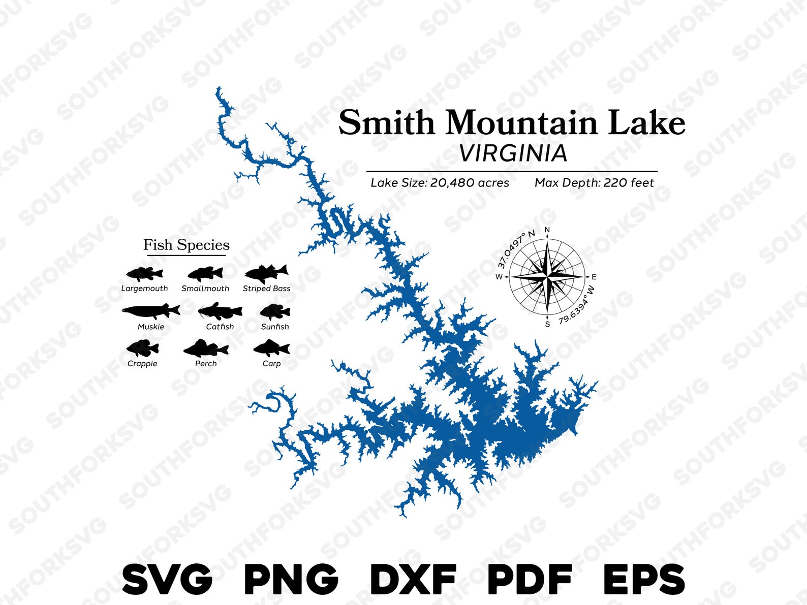 Smith Mountain Lake Virginia Map Data, Fish Species | Laser Ready CNC ...