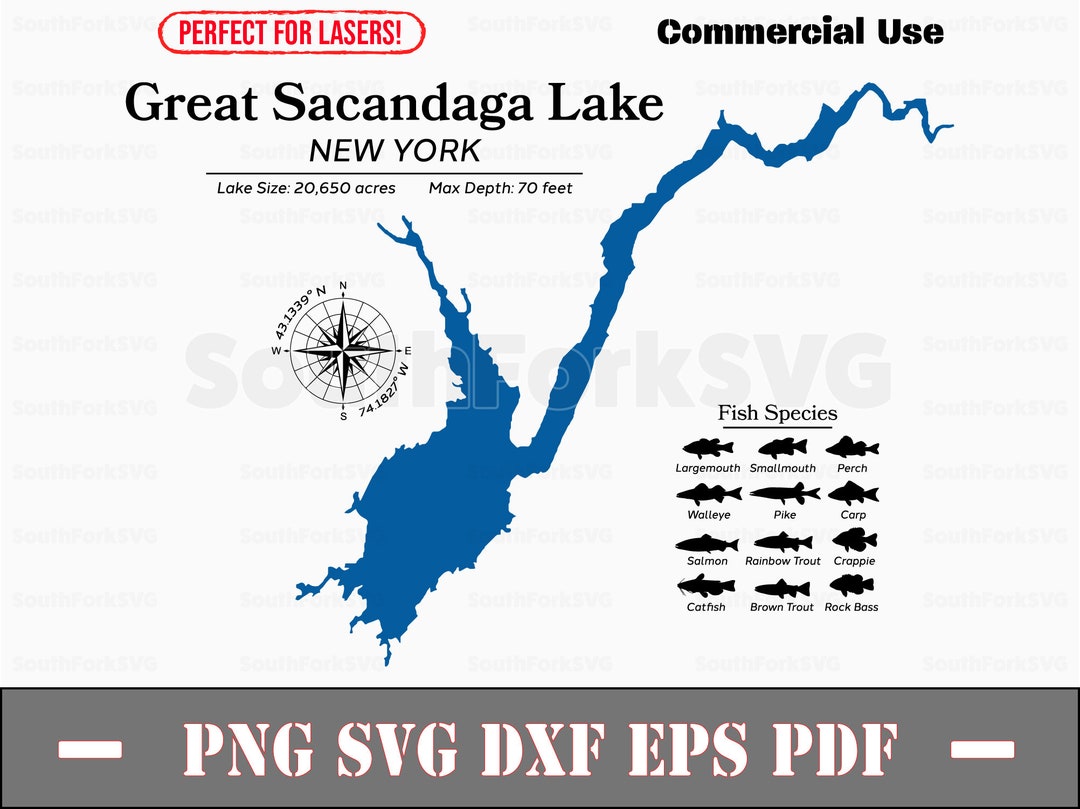 Great Sacandaga Lake Map W/ Data, Fish Species | Laser Ready CNC Print ...