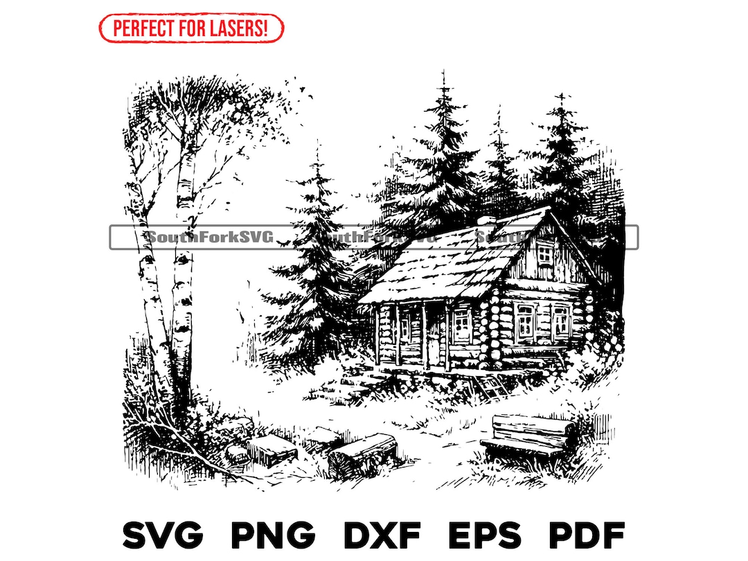 Laser Engrave File Rustic Cabin Svg Png Dxf Eps Pdf Cottage Scene for ...