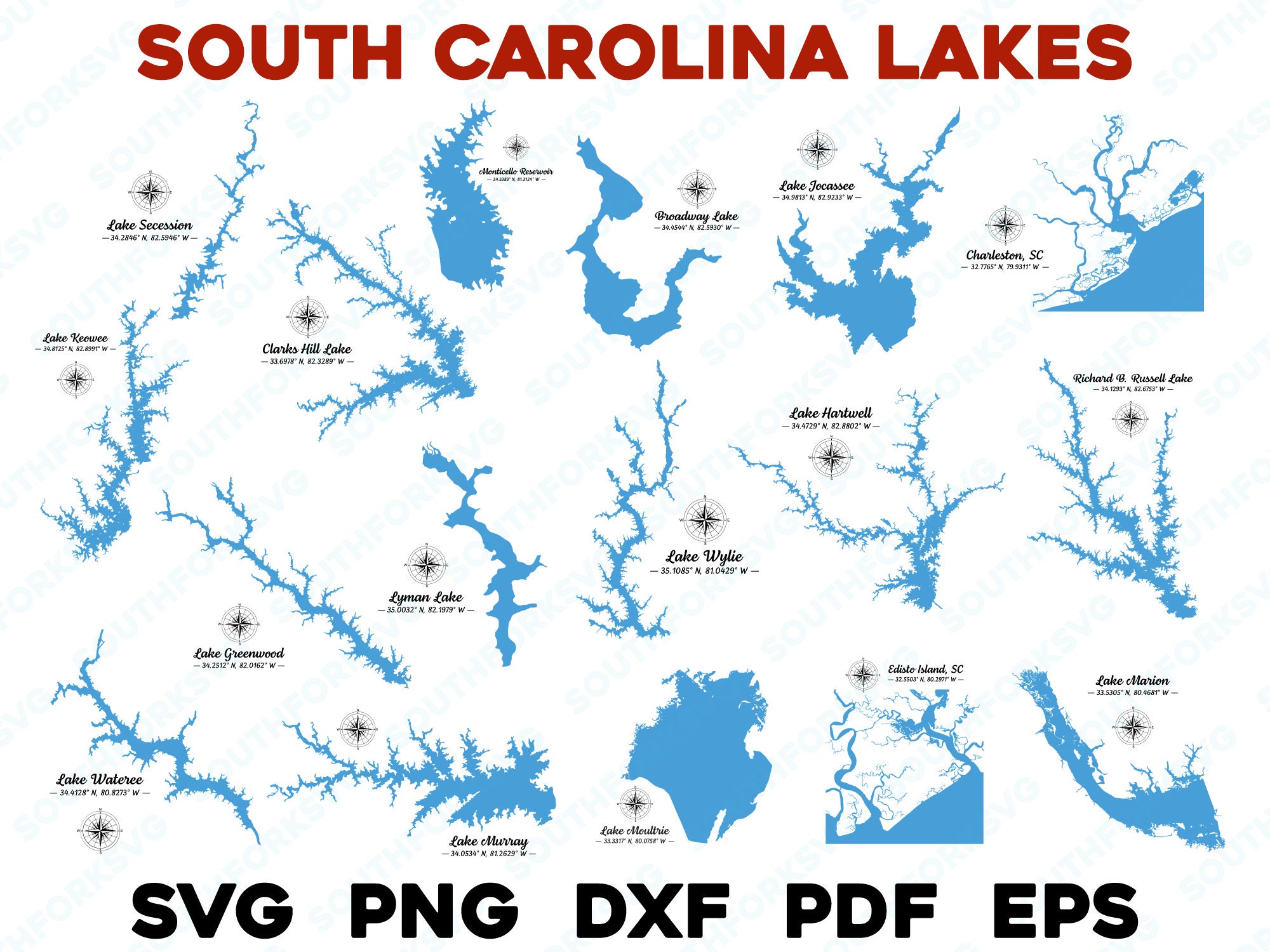 17 South Carolina Lake Mega Bundle With Compass & GPS Coordinates | Svg ...