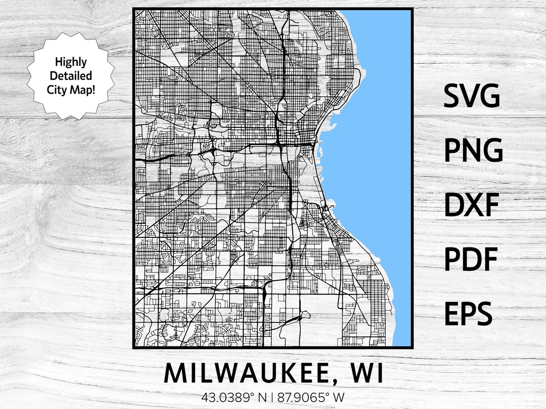 Milwaukee Wisconsin City Roads Lake Map | Svg Png Dxf Pdf Eps | Vector ...