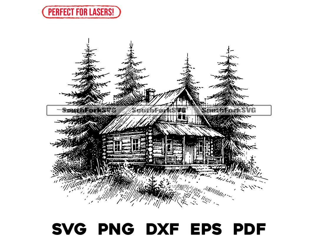 Laser Engrave File Rustic Cabin Svg Png Dxf Eps Pdf Cottage Scene for ...