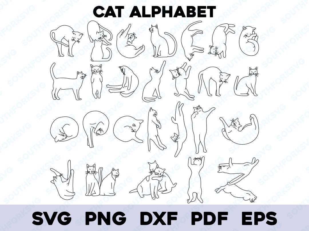 Alphabet of Cat Outlines Svg Png Dxf Eps Pdf Bundle | A-Z Kitten Abcs ...