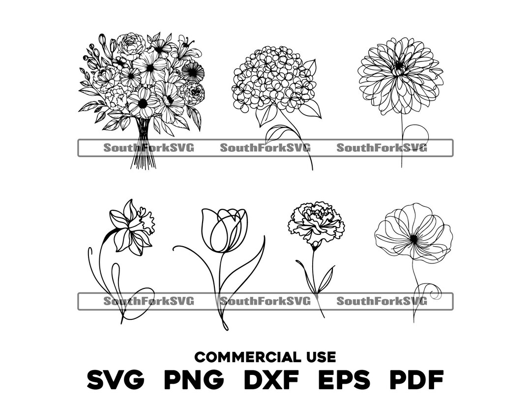 Flower Line Art Bundle Pack Svg Png Dxf Eps Pdf | Vector Graphic Cut ...