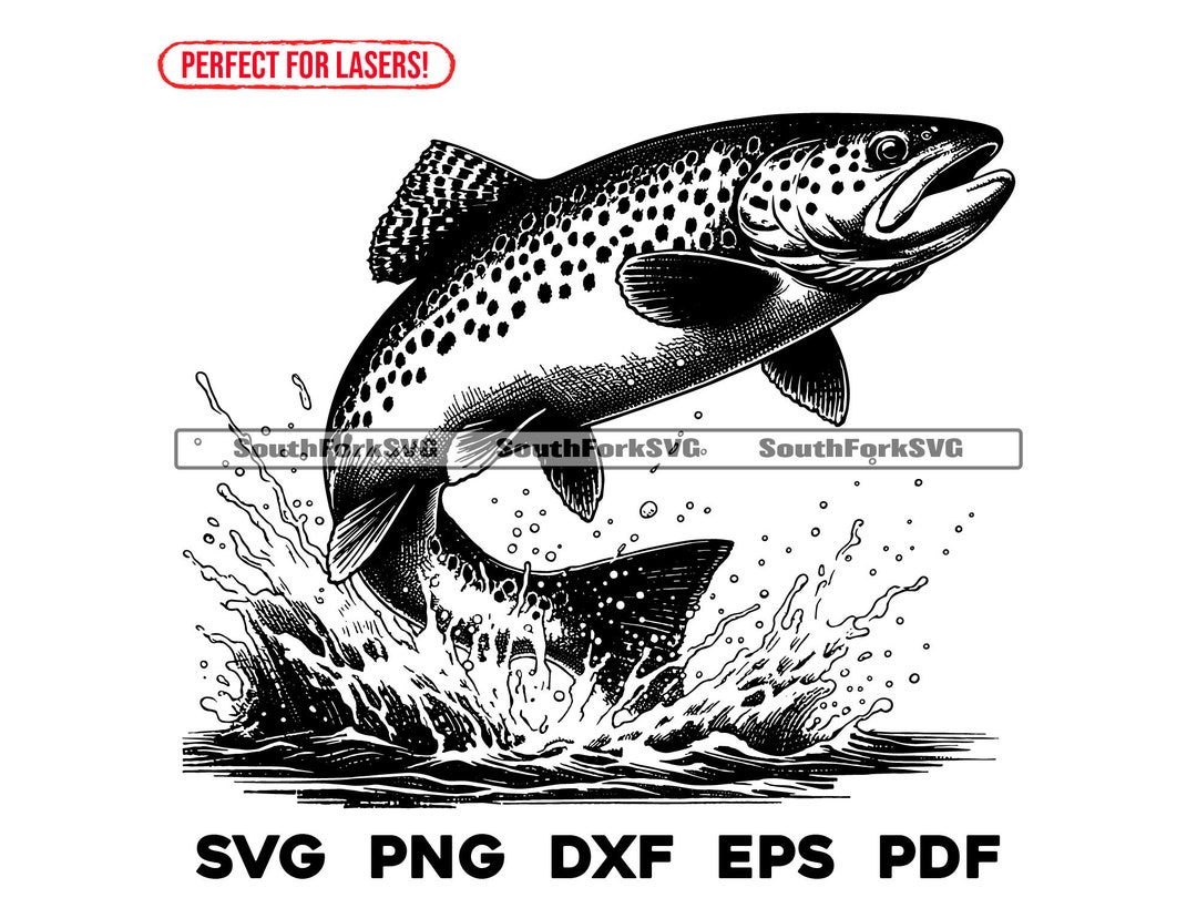 Laser Engrave File Brown Trout Jumping | Svg Png Dxf Eps Pdf ...
