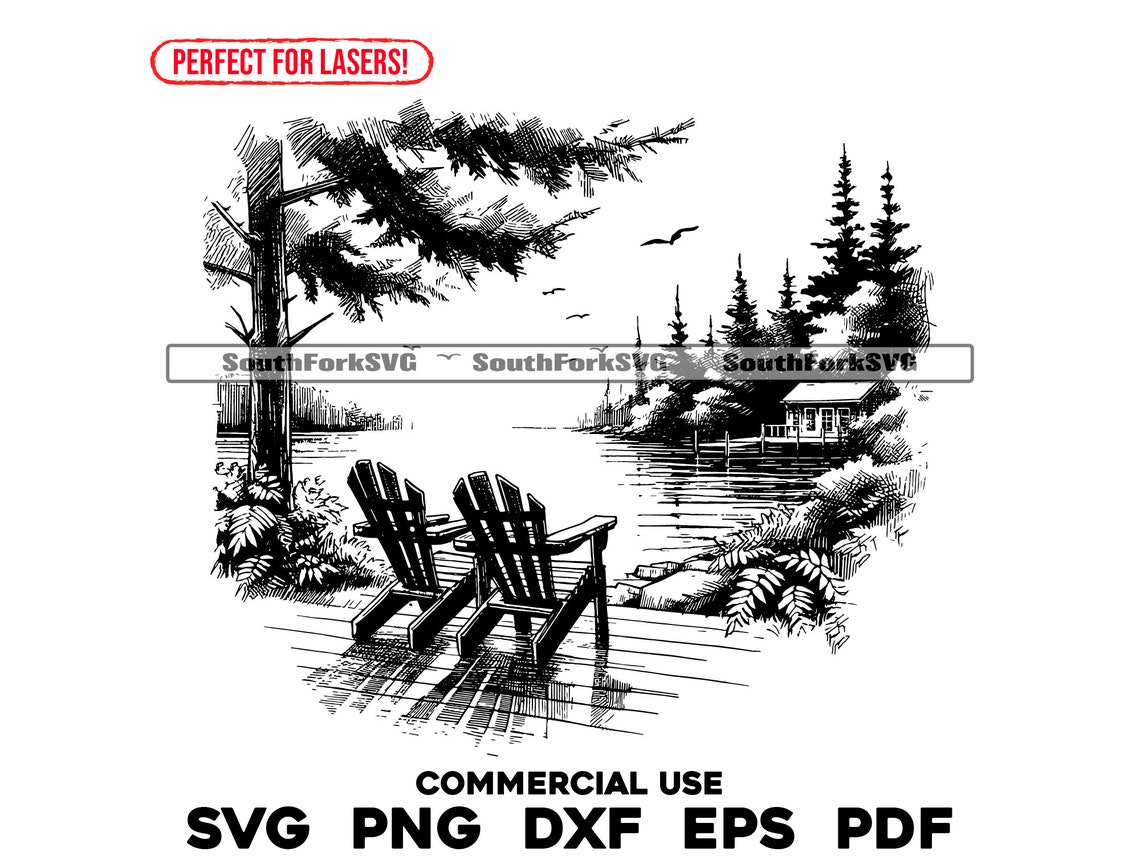 Laser Engrave File Lake Adirondack Chairs Scene Svg Png Dxf Eps Pdf ...