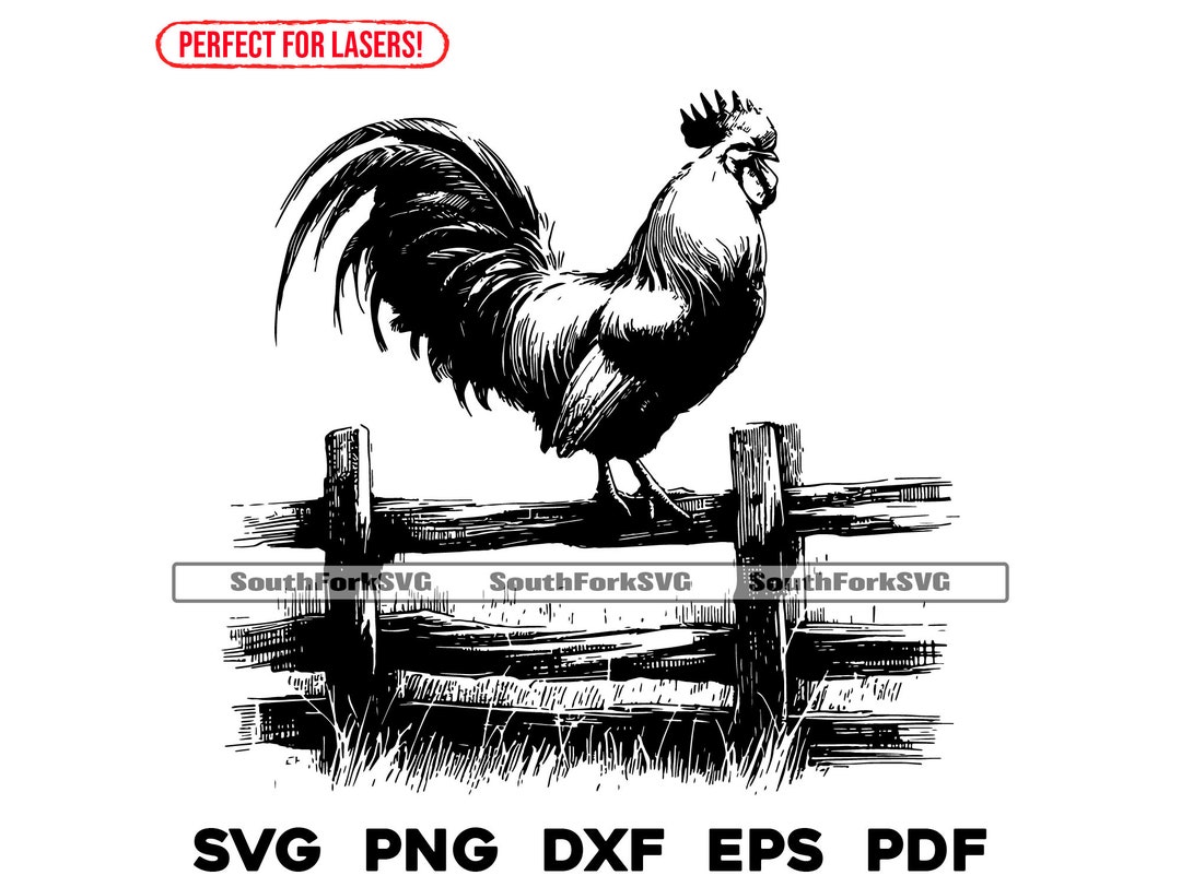 Laser Engrave File Rooster on Fence Svg Png Dxf Eps Pdf Rustic Scene ...