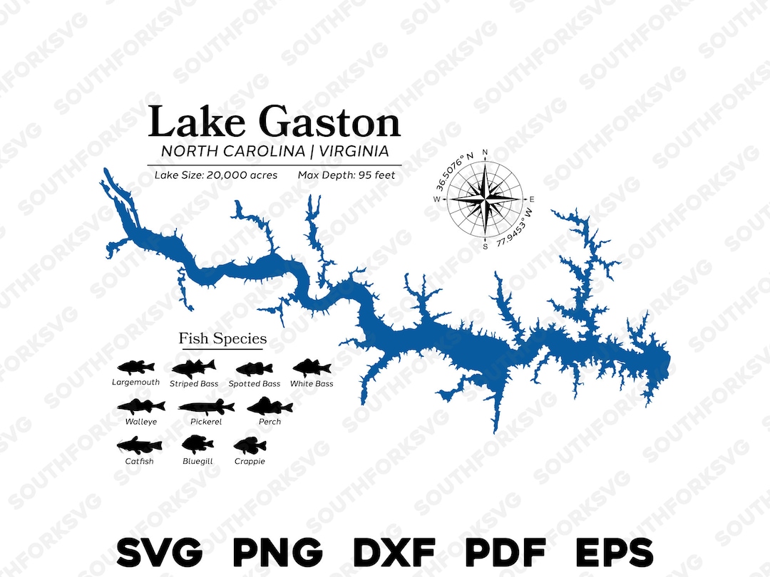 Lake Gaston NC, Virginia Map Data, Fish Species | Laser Ready CNC Print ...