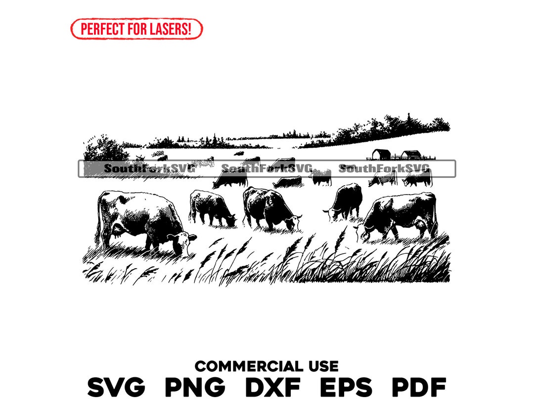 Laser Engrave File Cows Grazing Pasture Svg Png Dxf Eps Pdf ...