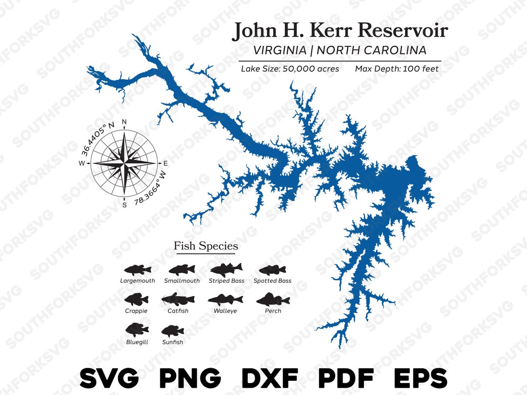 John H Kerr Reservoir NC, VA Map Data, Fish Species | Laser Ready CNC ...