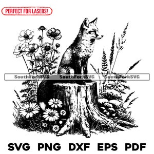 Fox on Tree Stump Laser File Svg Png Dxf Eps Pdf | Vector Graphic ...