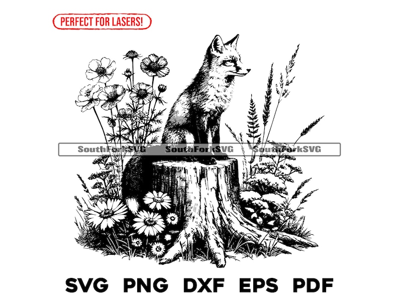 Fox on Tree Stump Laser File Svg Png Dxf Eps Pdf | Vector Graphic ...