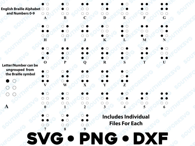 English Braille Alphabet and Numbers 0-9 SVG PNG DXF Vector Graphic ...