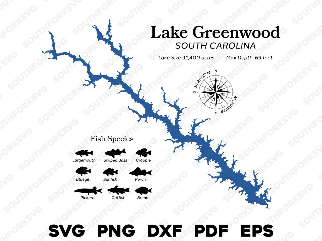 Lake Greenwood South Carolina Map Data, Fish Species | Laser Ready CNC ...