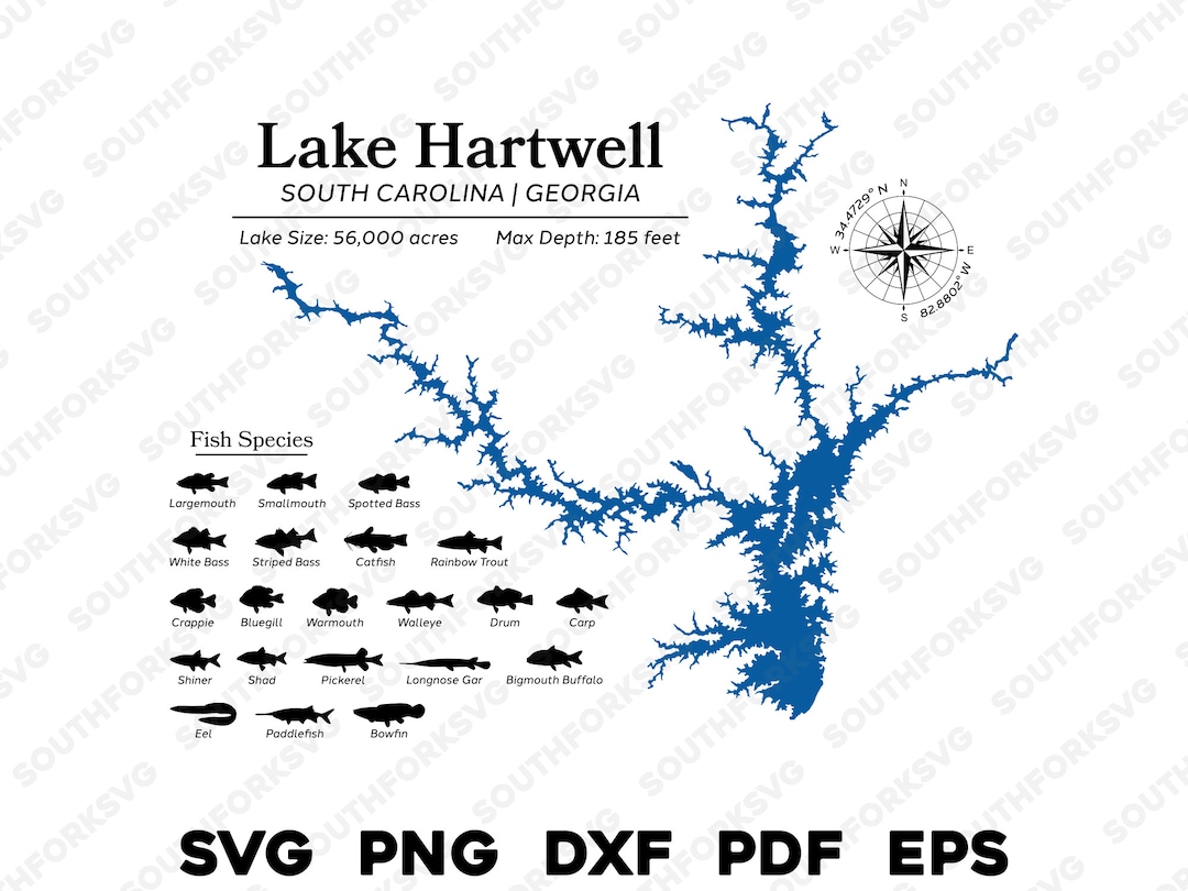 Lake Hartwell South Carolina Georgia Map Data Fish Species | Laser CNC ...