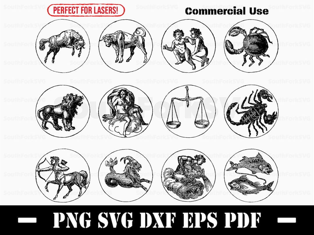 Vintage Style Zodiac Signs Bundle Svg Png Dxf Pdf Eps | Vector Graphic ...