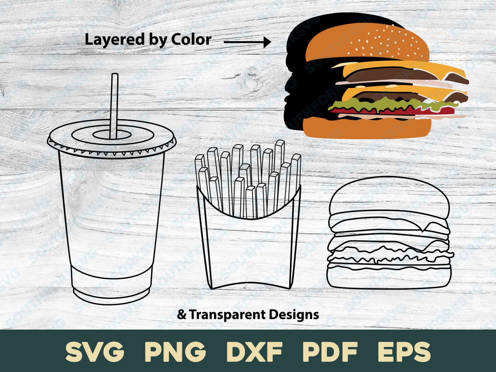 Cheeseburger, Fries and Drink | Svg Png Dxf Pdf Eps | Layered by Color ...