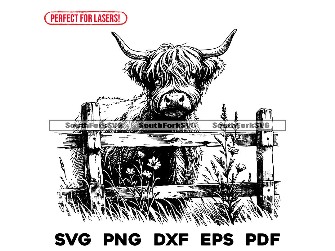 Highland Cow Peeking Fence Laser Engrave Files Svg Png Dxf Eps Pdf ...