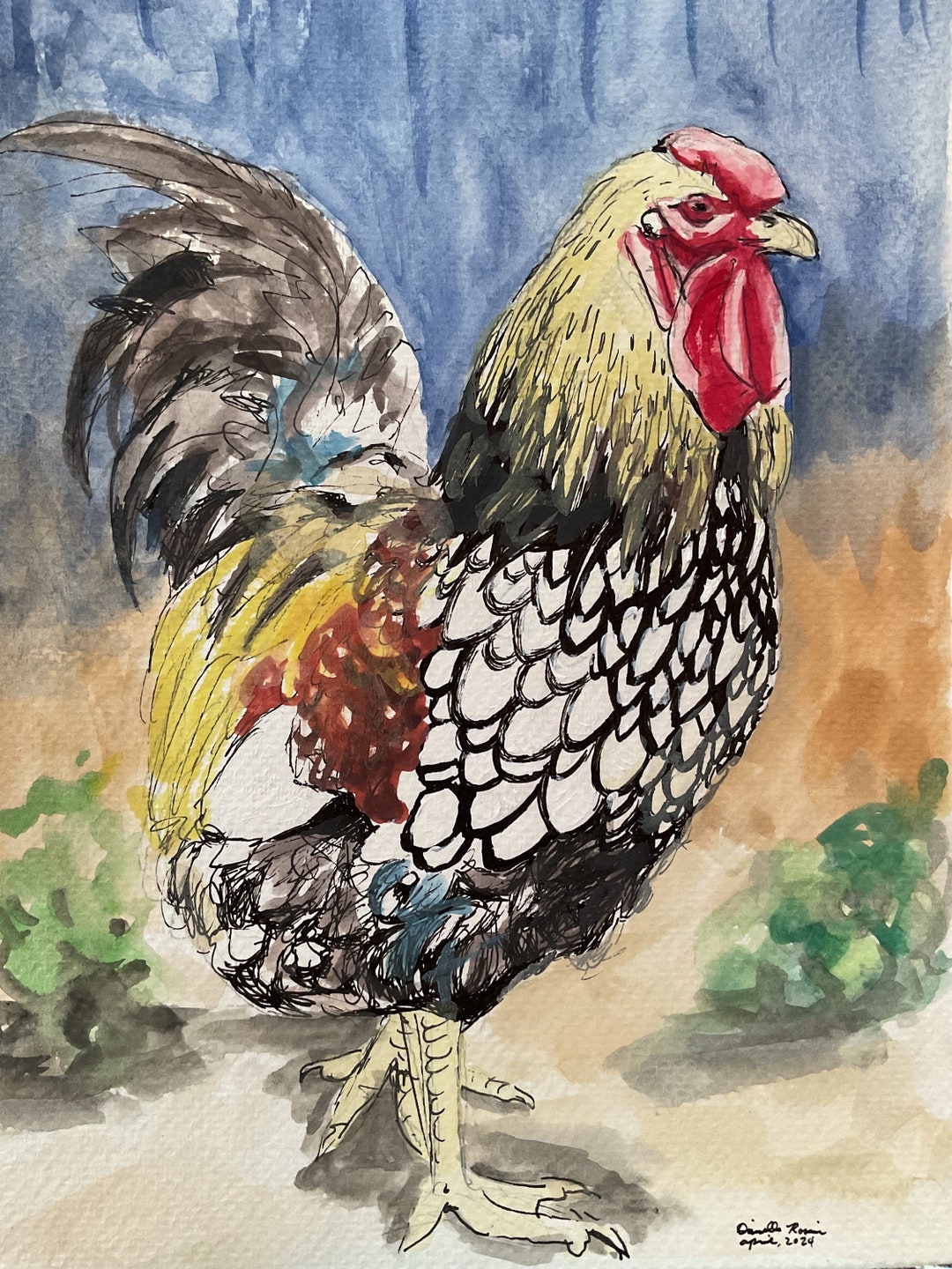 Majestic Rooster Portrait, Original Watercolor and Pen on Paper - Etsy