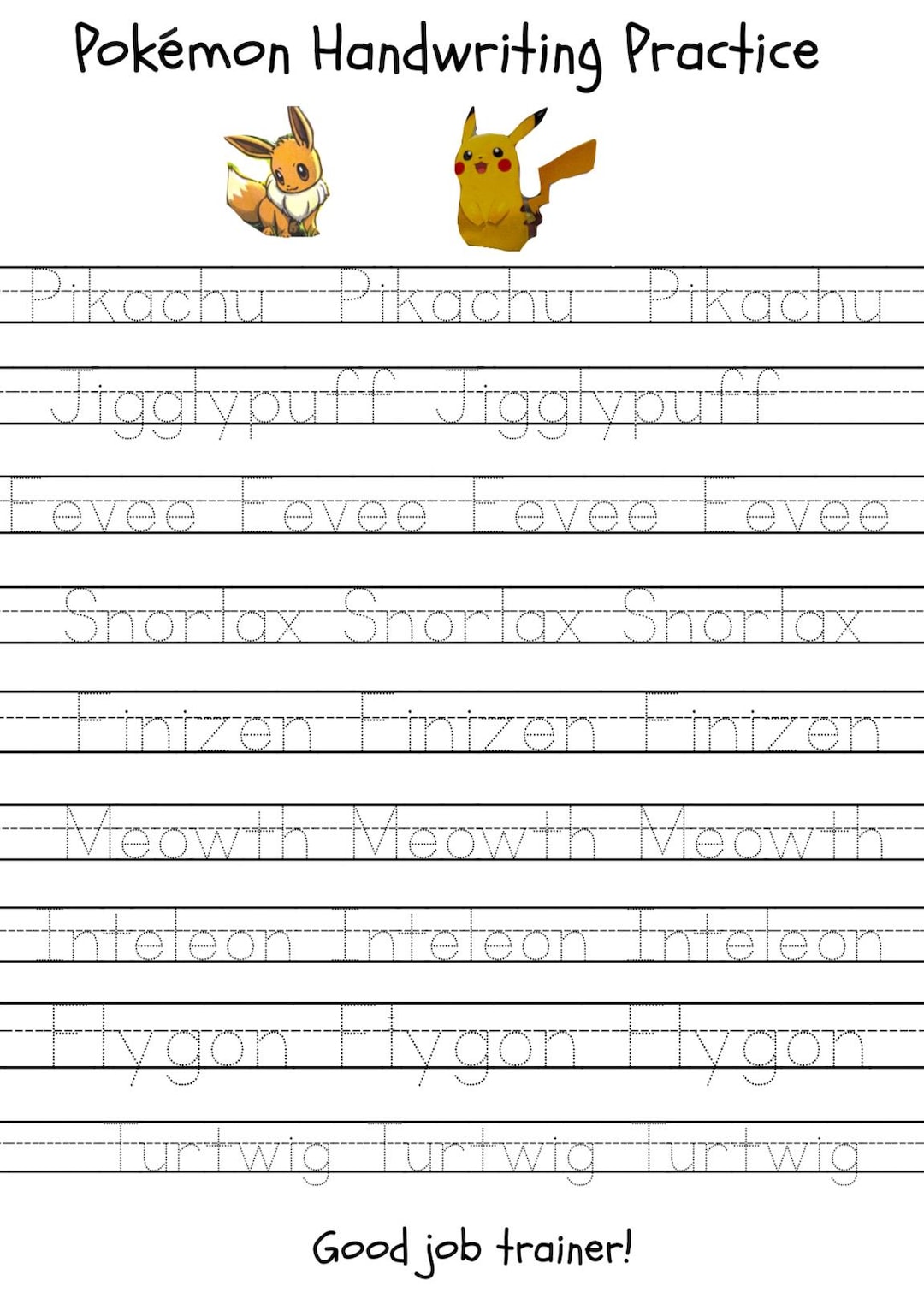 Pokémon Handwriting Practice Sheet - Etsy