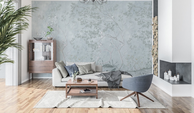 Soft Blue Tree Wallpaper - Asian Floral Wall Mural, Nursery Decor - Etsy