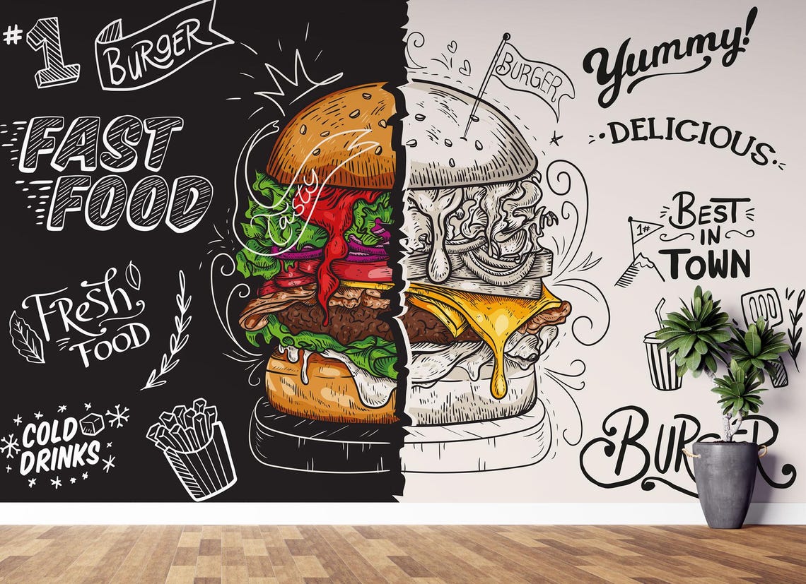 Customizable Burger Shop Wall Mural, Fast Food Cafe Decor, Restaurant ...