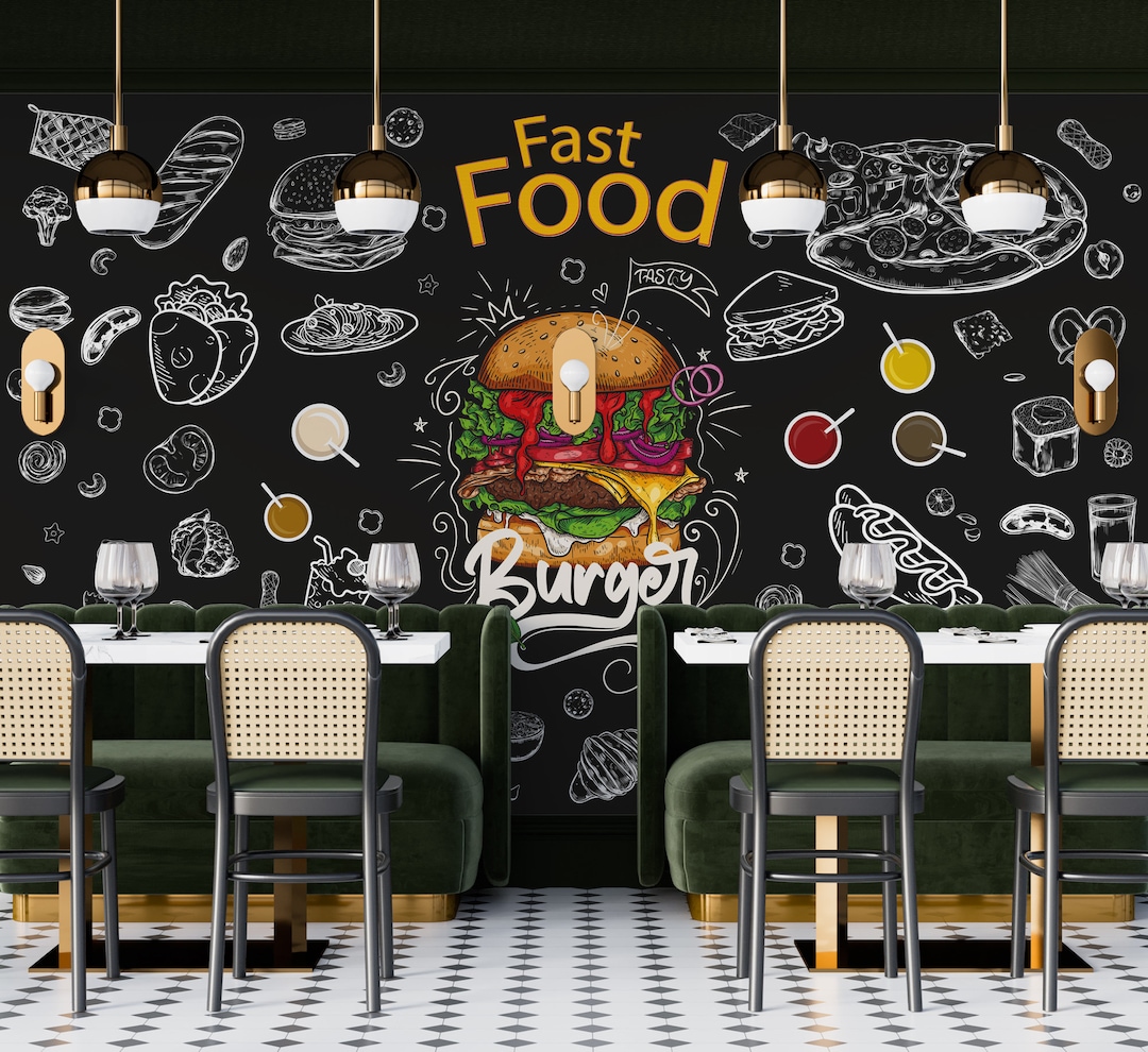 Fast Food Restaurant Easy Removable Wallpaper, Hamburger Cafe Wall ...
