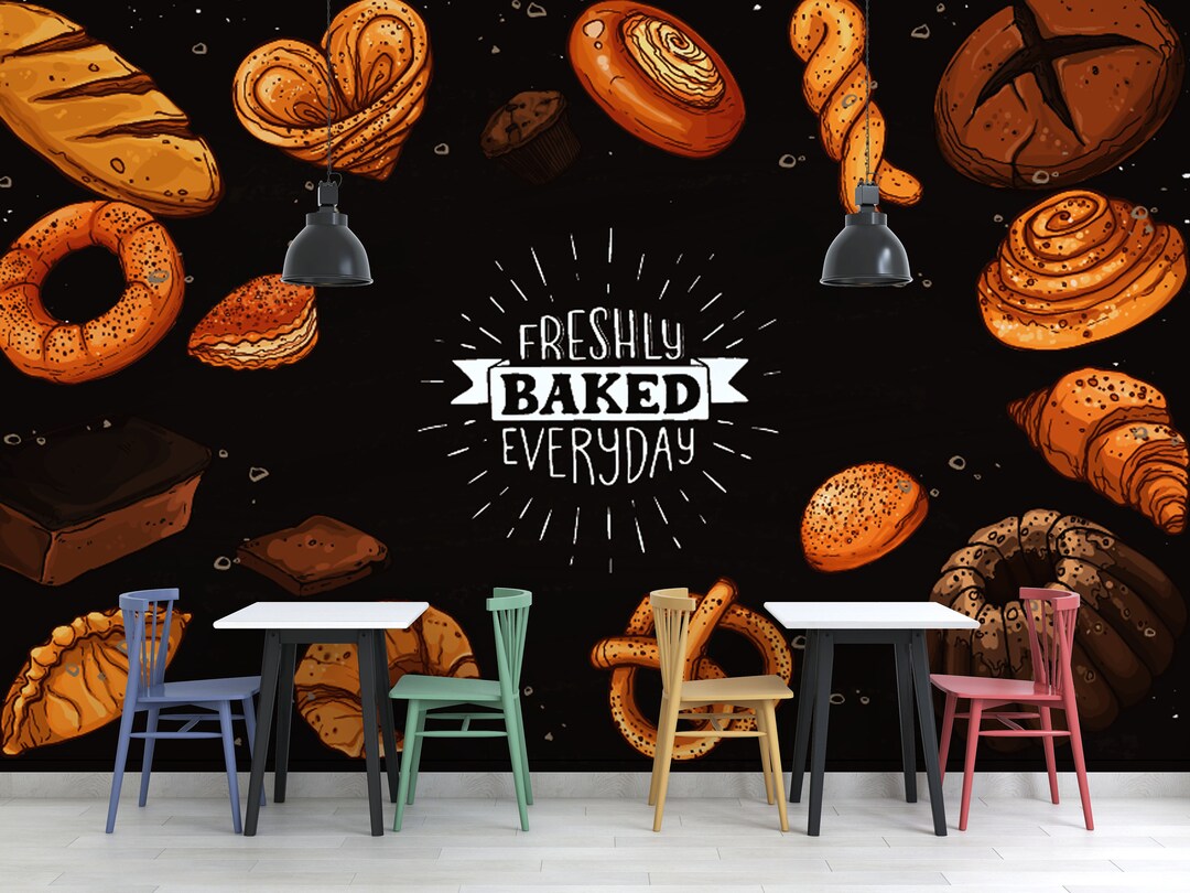 Bakery Cafe Wall Mural, Breakfast Food Peel and Stick Wallpaper ...