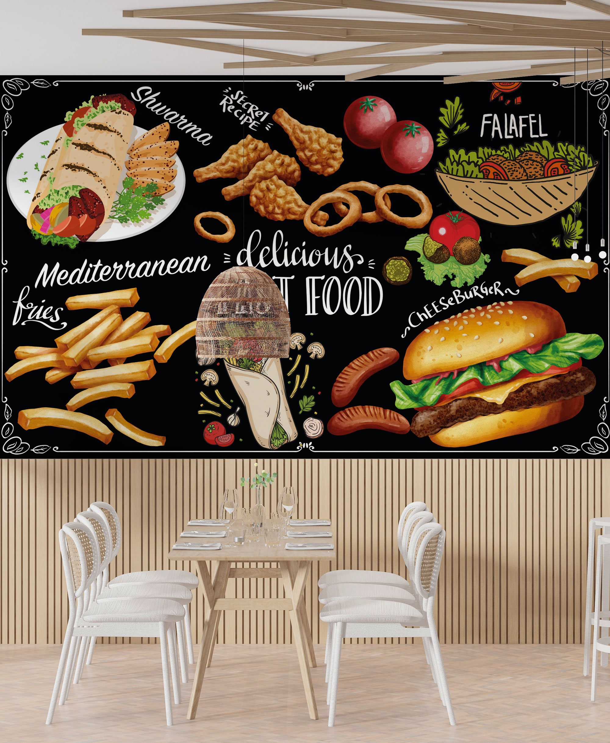 Fast Food Themed Black 3D Wall Mural, Fun Kitchen Decor Wallpaper ...