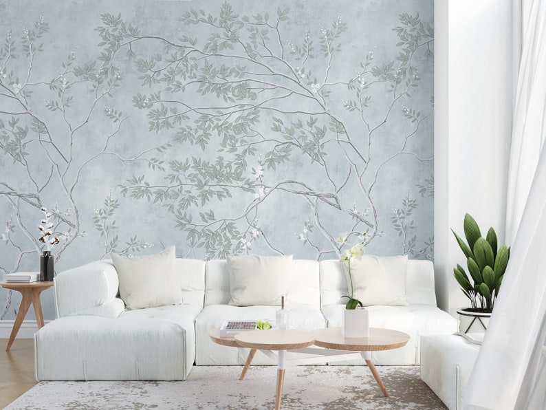 Soft Blue Tree Wallpaper - Asian Floral Wall Mural, Nursery Decor - Etsy