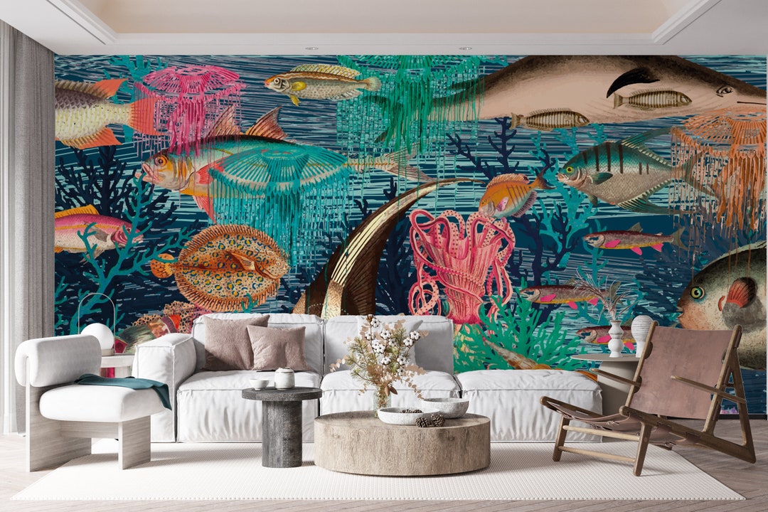 Impressive Wallpaper, Artistic Design Mural, Vibrant Color Ocean Fish ...