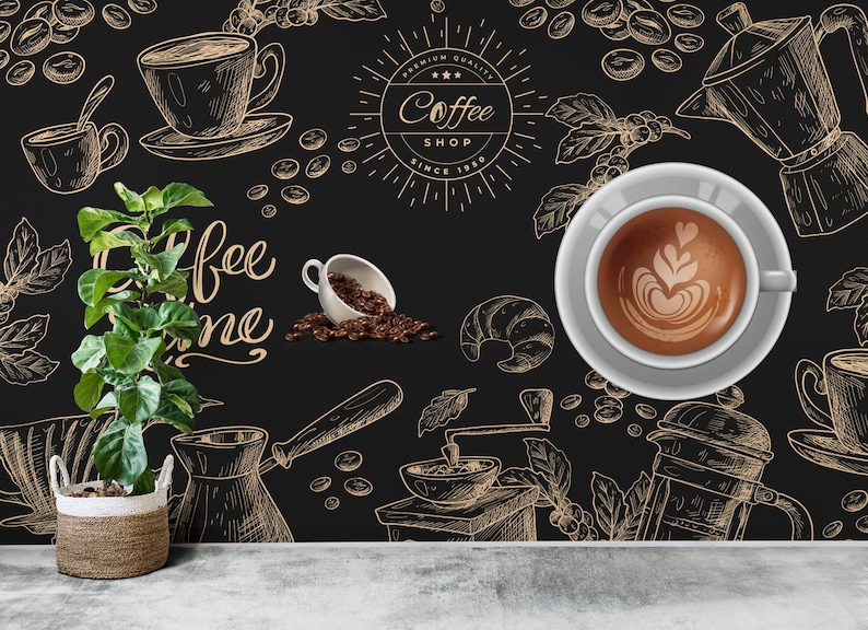 Coffee Wall Mural Stylish Coffee Shop Wallpaper French Style | Etsy