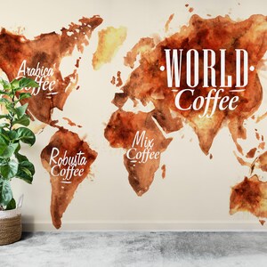 Coffee World Map Wall Mural - Barista Café Wall Art - Watercolor Coffee ...